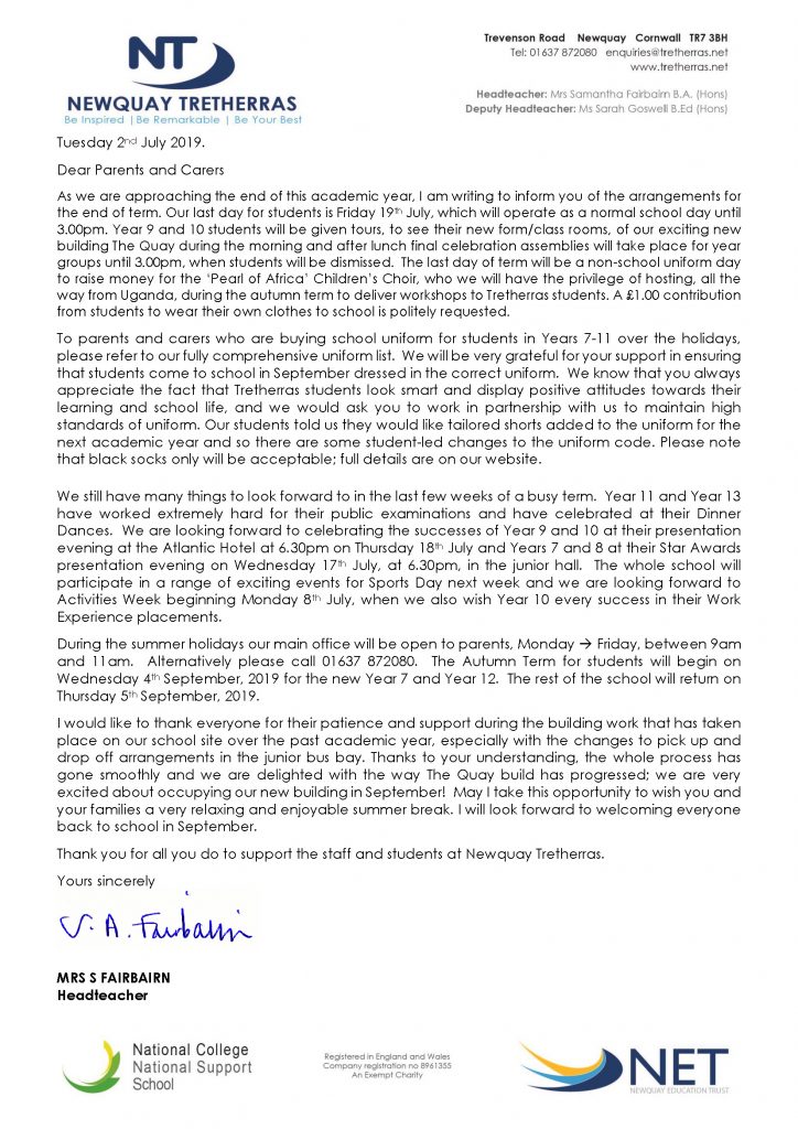 End of Term Arrangements Letter to Parents 02.07.19