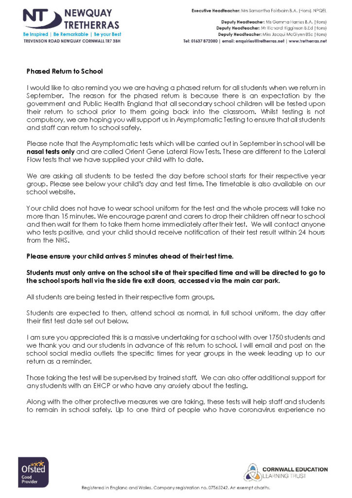 Phased Return to School in September, uniform reminder and testing for ...