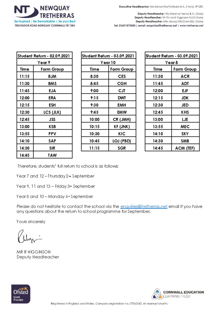 Phased Return to School in September, uniform reminder and testing for ...