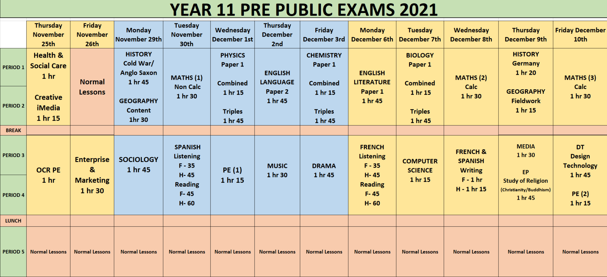 Year 11 PPE Timetable 2021