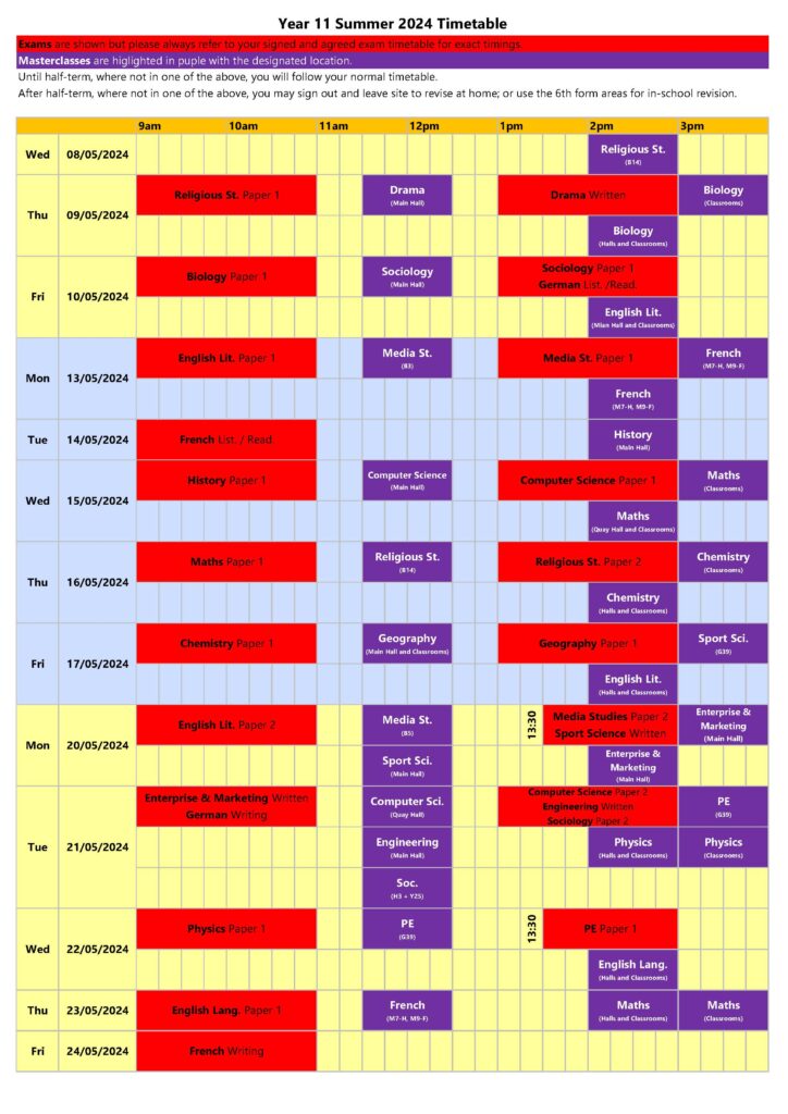 Year 11 Masterclass 2024 Timetable